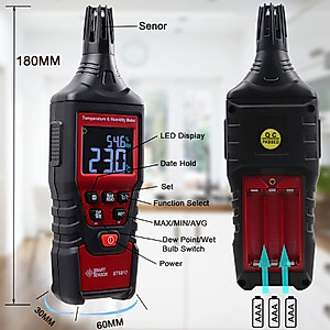 Lunarlipes ST6817 Thermometer Hygrometer, Digital Temperature Humidity Meter, Handheld Thermometer Hygrometer with Ambient, Dew Point, Wet Bulb for Outdoor and Indoor, Max/Min Hold, LCD Backlight