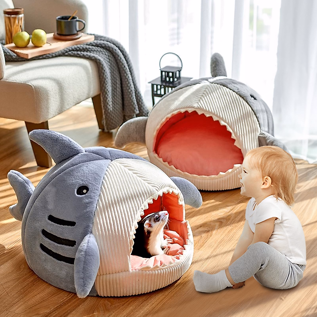 Ferret Bed Cave and Hideouts | Ferret Hammock for Cage | Ferret Hideaway Bed Accessories | for Small Pet Cushion Long Plush Soft Washable for Ferret & Small Animals (Shark Shape)