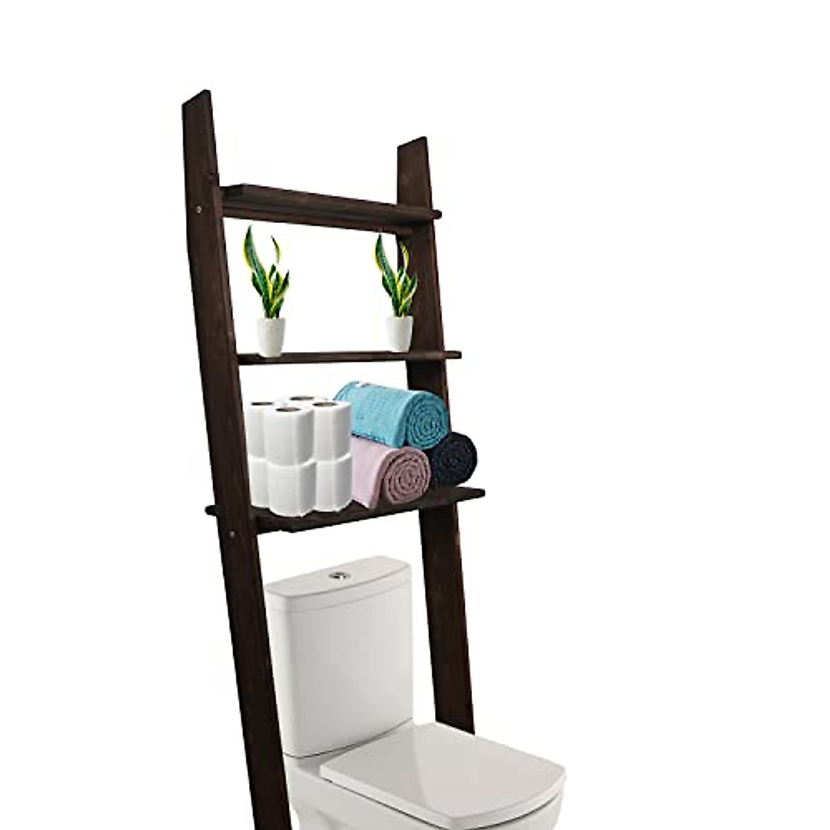 GENESIS WOODESIGN Over The Toilet Bathroom Organizer Shelves, 3-Tier Freestanding Above Toilet Storage Ladder Shelf, Standing Space Saver Behind Toilet Small Bathroom Organizer (Walnut)