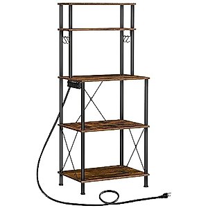 HOOBRO Bakers Rack with Power Outlets, Coffee Bar, Microwave Stand with S-Hooks, Kitchen Storage Rack for Kitchen, Entrance, Living Room, Dining Room, Office, Rustic Brown and Black BF80UHB01