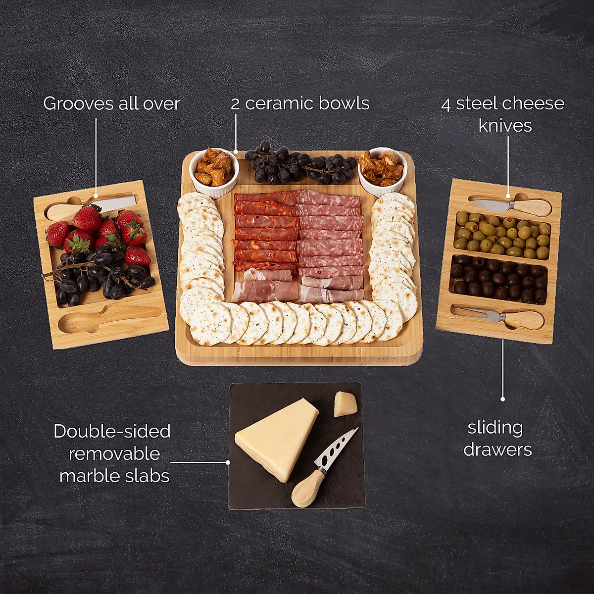 Emporio Logic Cheese Board Set with Ceramic Cups, Marble Slate & Cheese Knife Set – Large Cheese Plates & Platter - Wedding and Housewarming Gifts