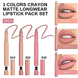3 Colors Matt Nude Lipstick Lipliner Lip Crayons Pack Set with Built-in Sharpener,Velvet Moisture Smooth Matte Lipstick Pencils,Waterproof&Waterlasting Velvet Lip Crayon Lip Liner Lip Pen Lip Makeup