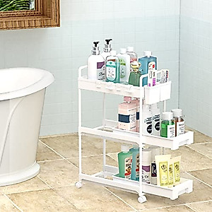 SPACEKEEPER Rolling Storage Cart, Slide Out Bathroom Organizer 3-Tier Laundry Room Organization Shelf Mobile Utility Cart with Hanging Cups, Dividers for Kitchen Bathroom Narrow Spaces, White