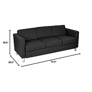 Office Star Pacific Sofa with Padded Box Spring Seats and Silver Finish Legs, Dillon Black Faux Leather