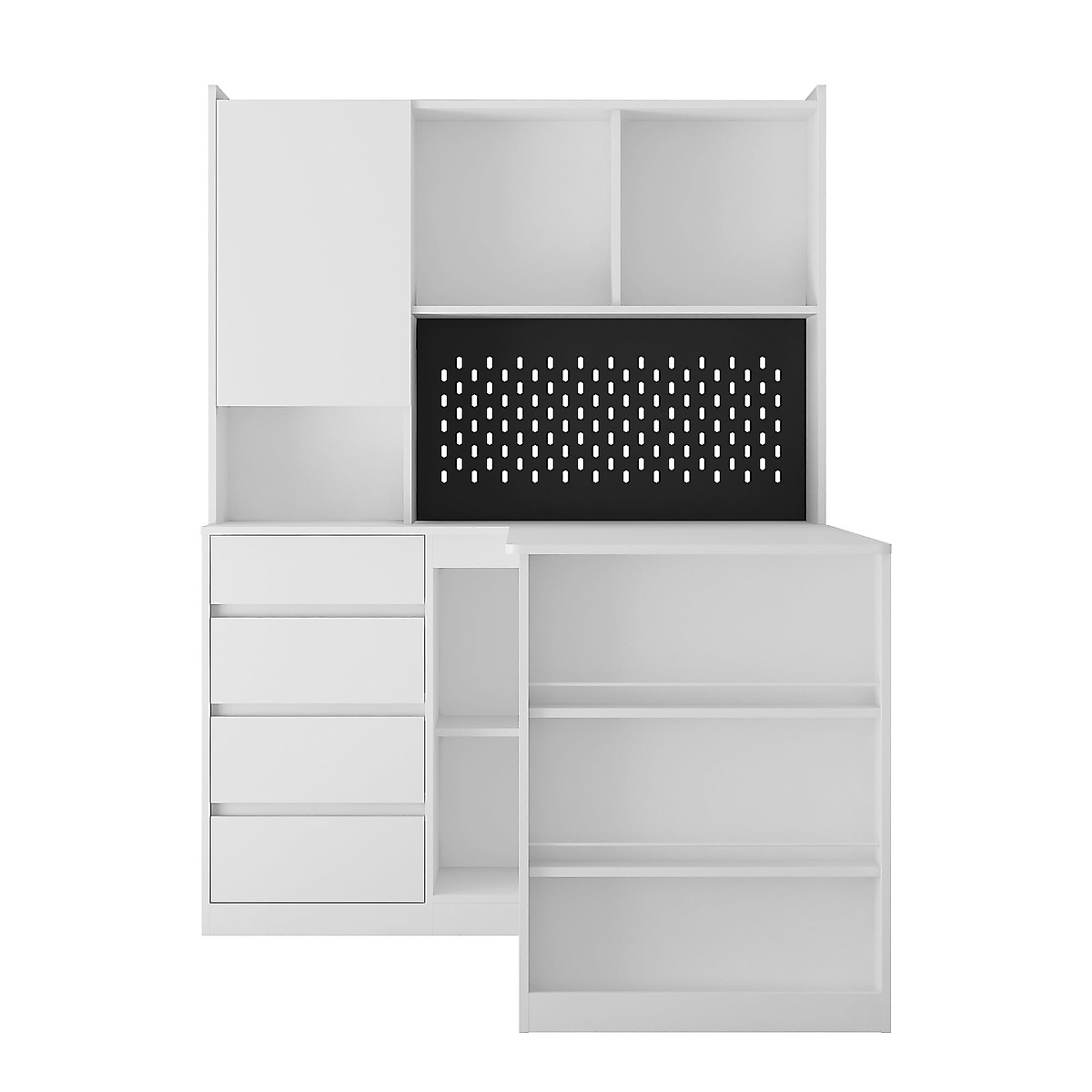 RuiSiSi Home Office L Shaped Corner Desk with Hutch, Drawers & Bookshelf, Modern Desk with LED Light, Study Table Writing Desk, Gaming Computer Desk with Storage, White