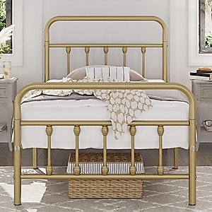 Yaheetech Classic Metal Platform Bed Frame Mattress Foundation with Victorian Style Iron-Art Headboard/Footboard/Under Bed Storage/No Box Spring Needed/Twin Size Antique Gold