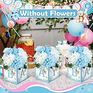 Bucherry 6 Pcs Baby Shower Party Decorations Baby Flower Boxes Centerpiece Rustic Table Display with Letters Gender Reveal Party Favor Block Holder(Blue,Blue Bear)