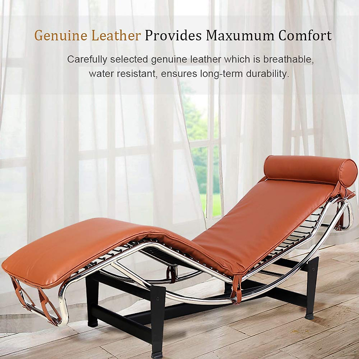 Patio Lounge Chair, Le Corbusier LC-4 Lounge Recliner Replica with Genuine Leather and Headrest, Adjustable Chair for Pool Side Outdoor Yard Lawn (Light Brown)