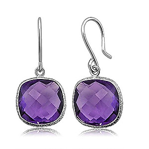 Gem Stone King 925 Sterling Silver Purple Amethyst Dangle Earrings For Women (12.00 Cttw, Gemstone Birthstone, Cushion Checkerboard Cut 12MM)