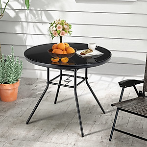 Tangkula 34 Inch Patio Dining Table, Round Tempered Glass Table with 1.5” Umbrella Hole, Heavy-Duty Metal Frame, Outdoor Metal Dining Table for Garden, Balcony, Porch