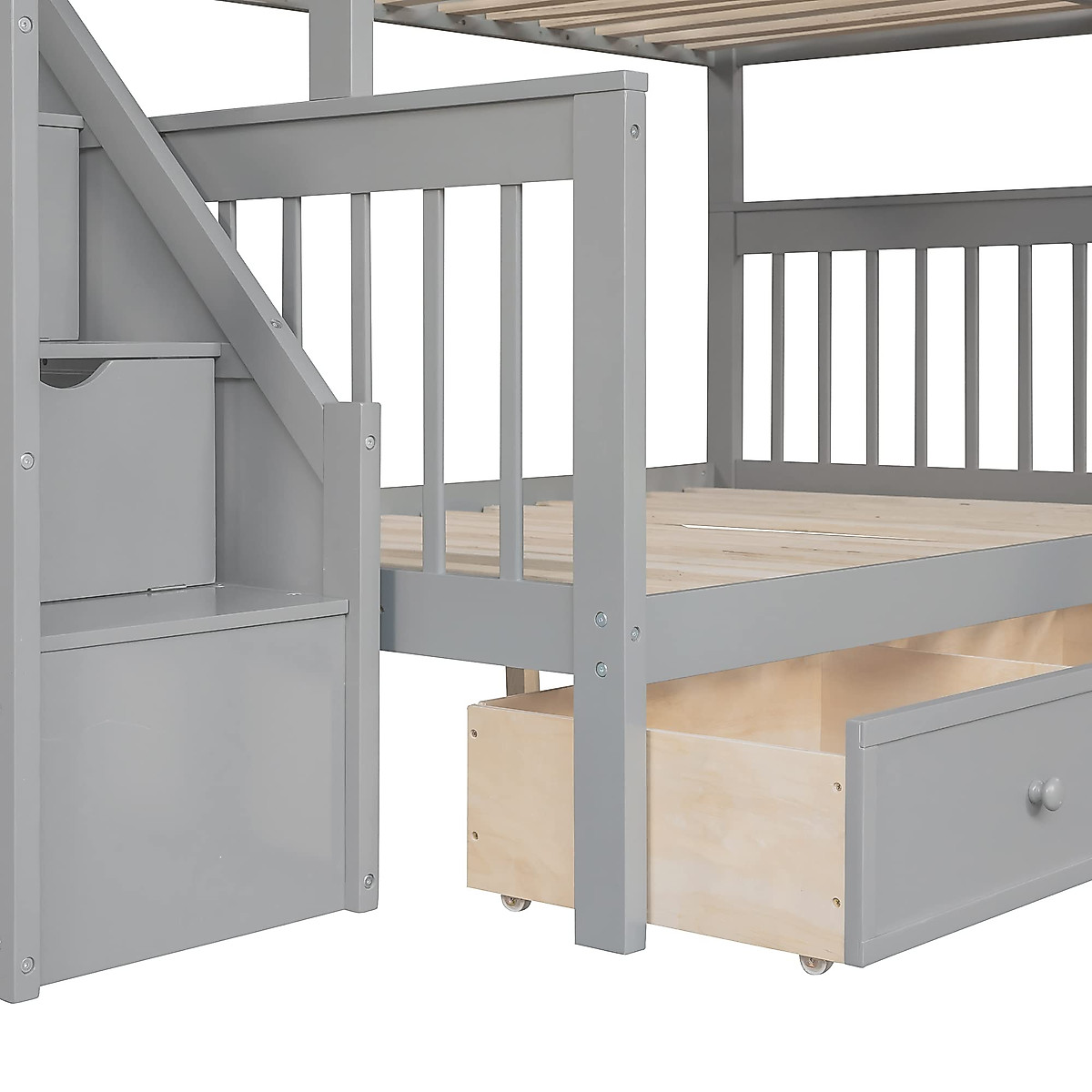Harper & Bright Designs L Shaped Bunk Bed with Stairs and Storage, Twin Over Full Size Triple Bunk Bed for 3, Wood Corner Beds for Kids, Teens, Adults. No Box Spring Needed (Gray)