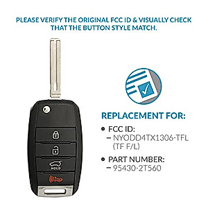 Keyless2Go Replacement for 4 Button Remote Key Kia NYODD4TX1306-TFL (TF F/L) 95430-2T560 (4D60 CHIP)