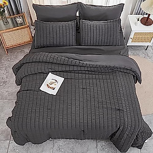 AveLom Dark Grey Comforter Queen Size Set with Sheets - 7 Pieces Bed in a Bag Seersucker Complete Bedding Set, All Season Lightweight Bed Set with Comforter, Sheets, Pillowcases & Shams