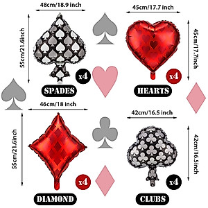 Lewtemi 16 Pcs Casino Balloon Party Decoration Casino Theme Party Playing Cards Balloons Spades Heart Shaped Casino Foil Balloons for Las Vegas Party, Poker Events, Casino Night Birthday