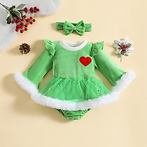 Baby Girl Halloween Clothes Pumpkin Outfit Long Sleeve Pumpkin Romper Dress Christmas Baby Girl Clothes (Green, 3-6 Months)