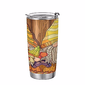 Happy Fall Gnome Dwarf Travel Mug Insulated Tumbler with Lid and Straw Pumpkin Mushroom Stainless Steel Vacuum Double Walled Drinking Cup Keeps Drinks Cold & Hot Water Bottle for Travel Coffee Home