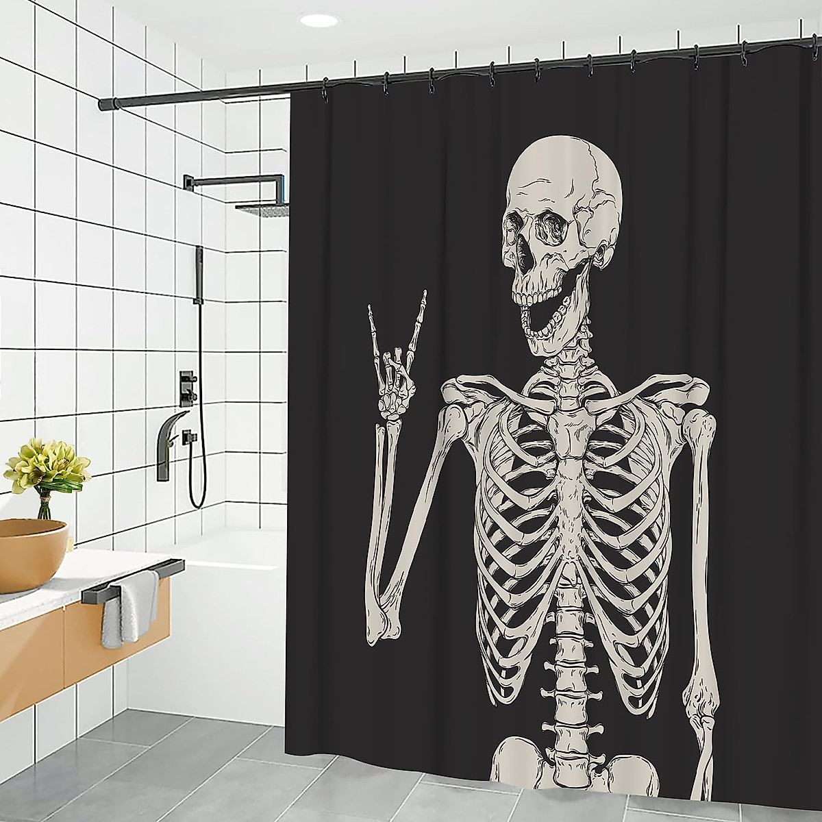 JOOCAR Rock and Roll Skull Skeleton Bone Love Music Vintage Shower Curtain Waterproof Sugar Candy Skull Day of Dead On Black Backdrop Bath Room Shower Curtain with 12 Hooks