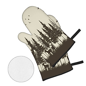 Oven Mitts and Pot Holders Sets of 4,Deer in The Forest Cabin Fog Bird Mountain Hunting Theme Yellow and Coffee Country Moose,Oven Mitts Heat Resistant Oven Gloves Set Potholders for Kitchen