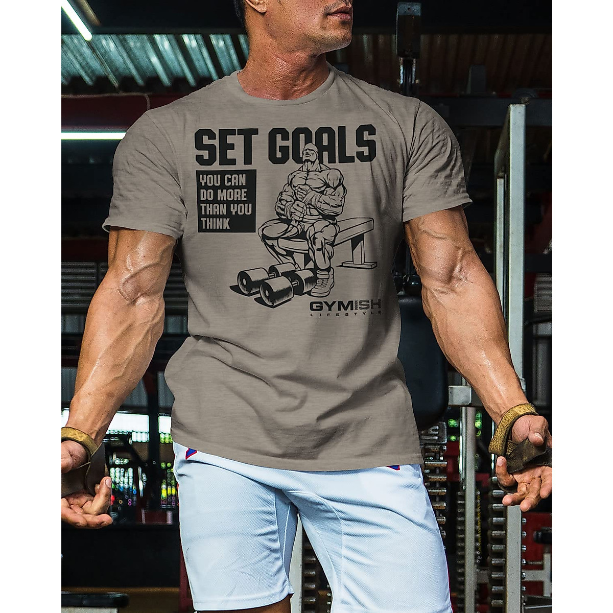 Set Goals Gym Exercise Motivational Workout Lifting T-Shirt for Men (MD, Set Goals Warm Grey)