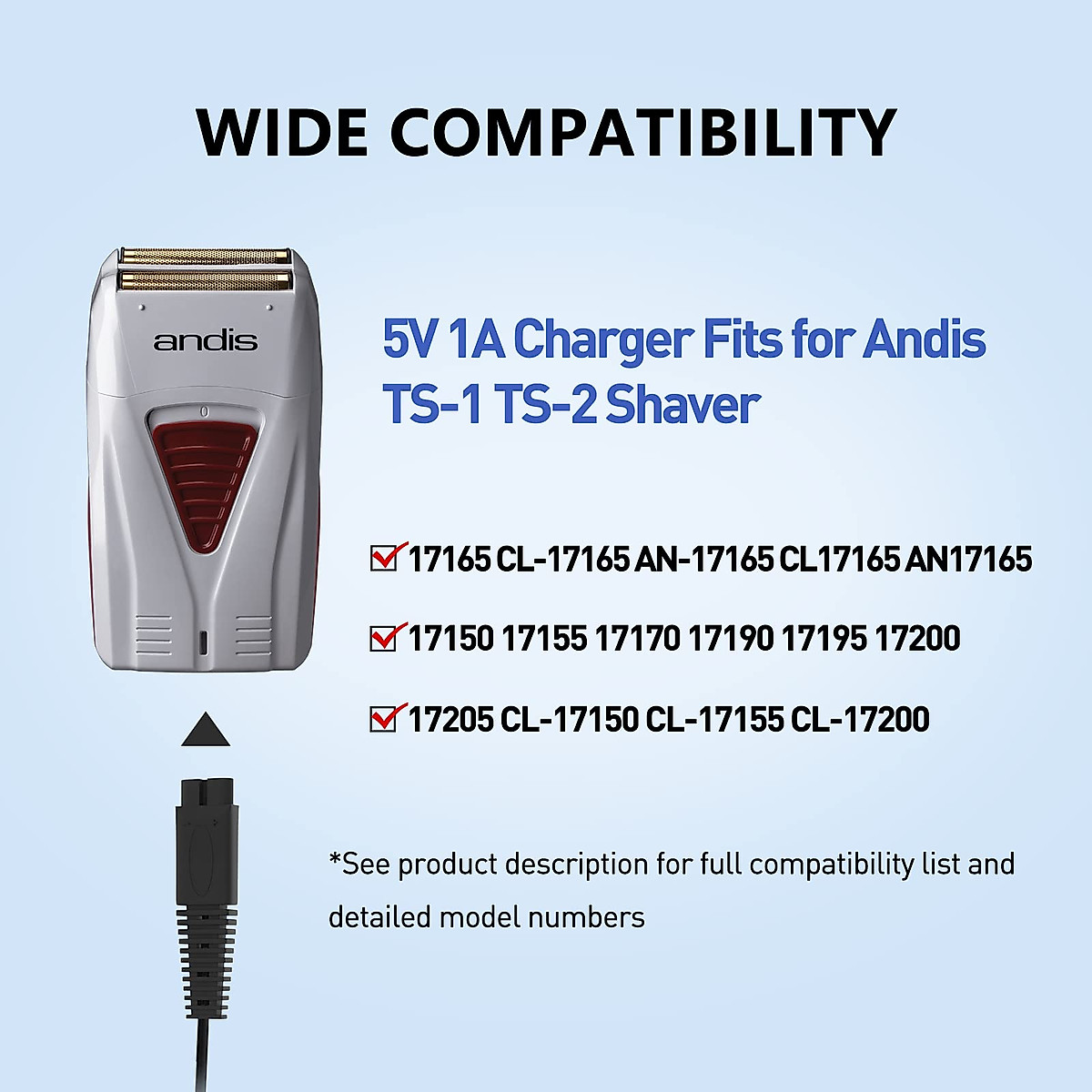 5V 1A Adapter for Andis Shaver AC Charger Power Cord, Compatible with 17150 TS-1 17220 17195 Profoil 17190 17165 17170 17205 17220 Lithium Titanium Plus TS-2 Replacement Pro Foil Shaver-5Ft
