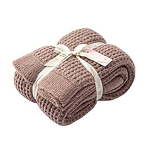 Amélie Home Soft Cozy Waffle Knit Throw Blanket with Ruffled Fringe, Decorative Lightweight Knitted Throw Blankets for Couch Bed Sofa (Misty Rose, 50'' x 60'')