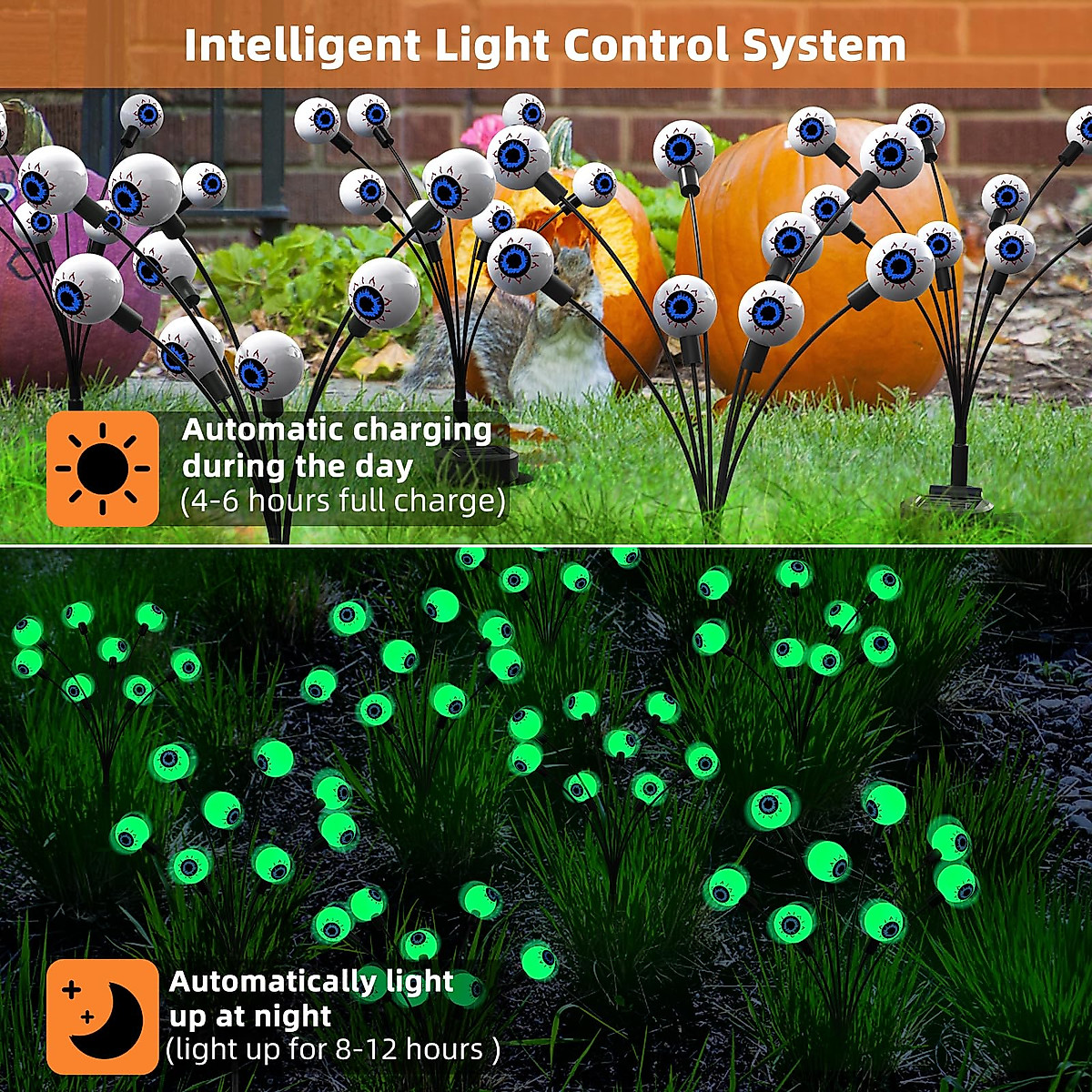 2PACKS 16LED Solar Scary Eyeball Lights Halloween Decor Outdoor, 28" Halloween Solar Powered Firefly Yard Lights Waterproof Outside Swaying Decorations for Garden/Lawn/Party, 2 Modes (Green)