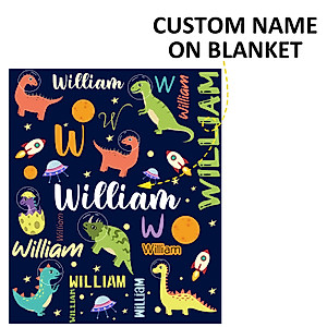 Personalized Dinosaur Throw Blanket for Boys Custom Name Soft Flannel Blanket for Kids Dino Outspace Plush Navy Blue Blanket Gift Birthday Christmas Baby Nursery Room Decor, 30 X 40inch