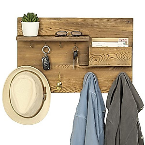 MyGift Wall Mounted Solid Burnt Wood Entryway Key and Mail Holder Organizer Storage Rack with Display Shelf and 8 Hooks