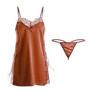 Women Satin Lace Babydoll Lingerie Sexy Side Slit Chemise Nightwear Full Slips Exotic Strappy Bridal Sleepwear (Caramel,One Size)