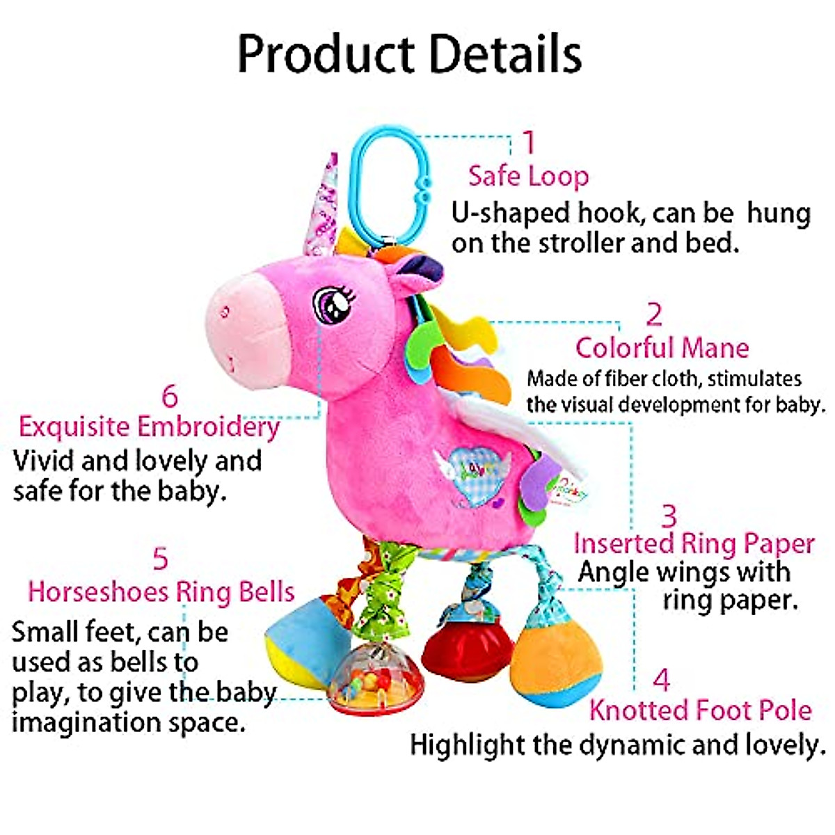 D-KINGCHY Baby Car Stroller Rattle Toy, Hanging Stuffed Animal Plush Ring, Newborn Crib Bed Around Toy with Sound and Handle for 0-3 Years Old (Unicorn)