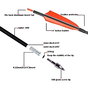 AMEYXGS 6/12 Pcs 34 Inch Archery Carbon Arrows 400 Spine Hunting Compound Arrows with 4” Turkey Feather Target Practice Arrow for Compound and Recurve Bow (Orange set, 12 pcs)