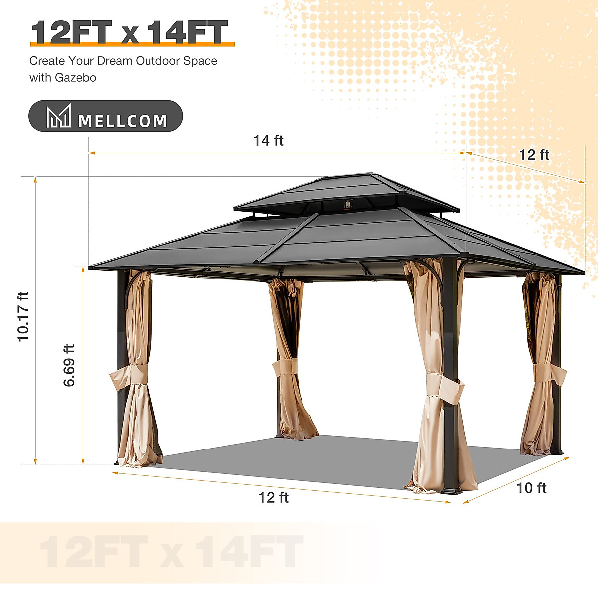 MELLCOM 12 x 14 FT Iron Hardtop Gazebo, Double Roof Design with Curtains and Netting, Waterproof Canopy Gazebos with Anti-Rust Coating Frame for Patios, Lawns, Gardens, and Backyard