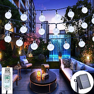 Sakruda Solar String Lights 60LEDS 37FT,Solar or USB Powered,Waterproof Crystal Balls with 8 Lighting Modes,Outdoor Garden Fairy Light for Patio Lawn,Home,Wedding Party,Christmas Decoration(White)