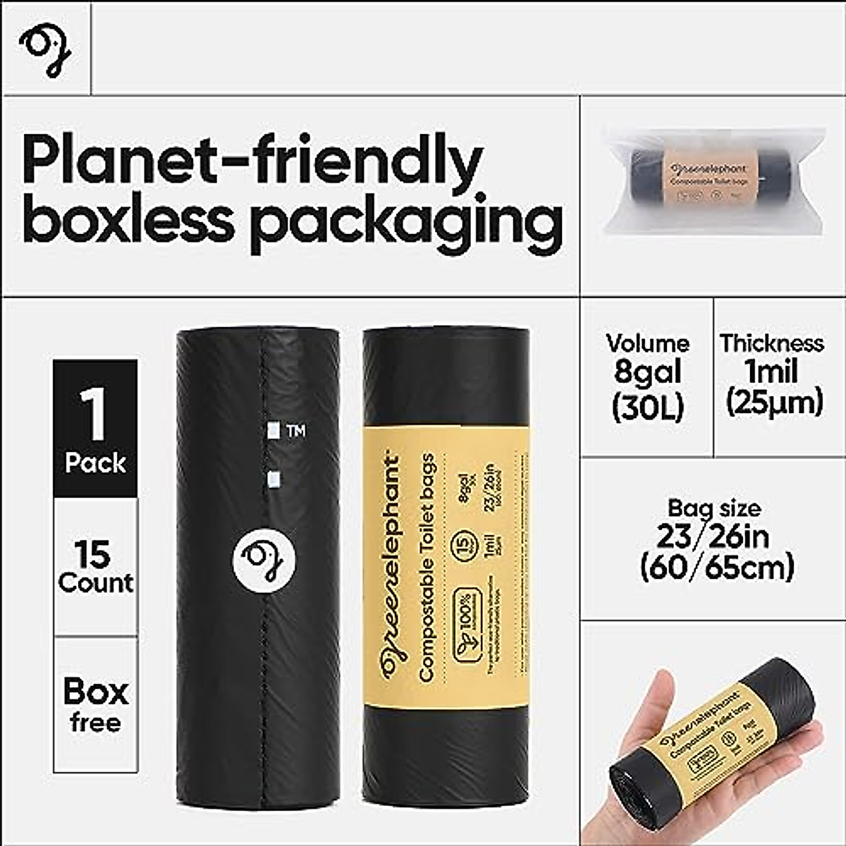 Green Elephant Portable Toilet Bags - Camping Toilet Bags, Camping Potty Bags, Camping Poop Bags for People, Toilet Waste Bags for 5 Gallon Bucket, Camp Toilet Bag, 15 count, 8 gal, 1 mil (1 pack)