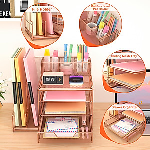 VIVSOL Rose Gold Desk Organizer, Desk Organizers and Office Desk Accessories with Drawer + Vertical File Sorters, Office Supplies for Women, Desk File Organizer Storage for Office, School, Home