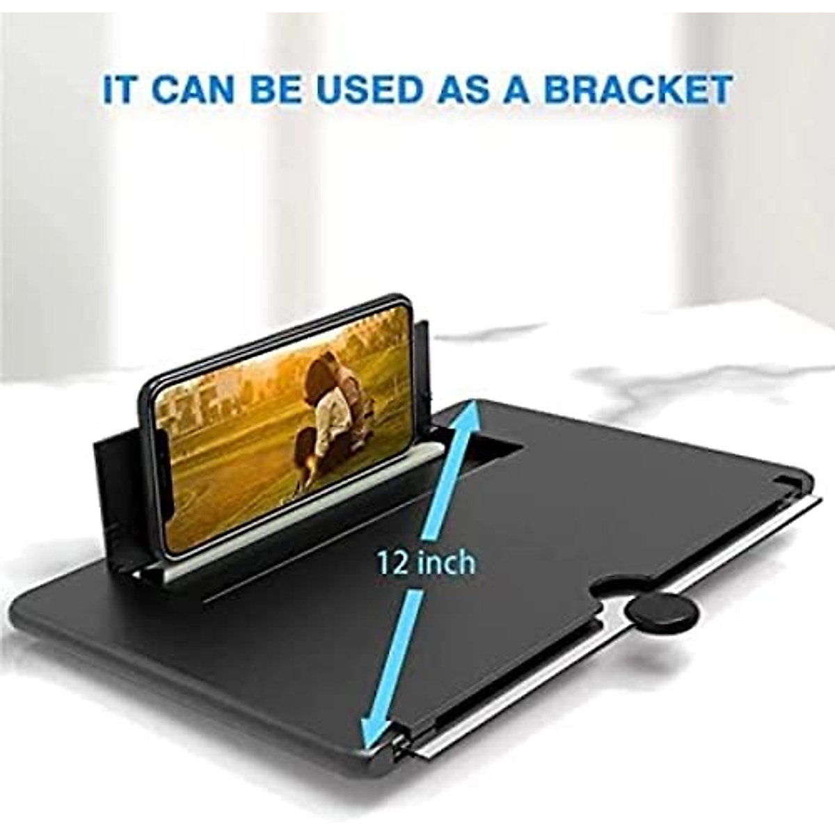 12 inch Screen Magnifier, 3D Smart Mobile Phone Screen Amplifier with Foldable Holder Stand for Any Smart Phone to Watch Your Movies and Videos, Black, F3