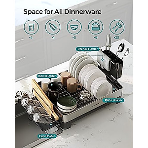 SONGMICS Dish Drying Rack, Stainless Steel Dish Rack with Rotatable Spout, Drainboard, Fingerprint-Resistant Dish Drainers for Kitchen Counter, 12.5 x 22.5 in, Silver and Black UKCS030B01