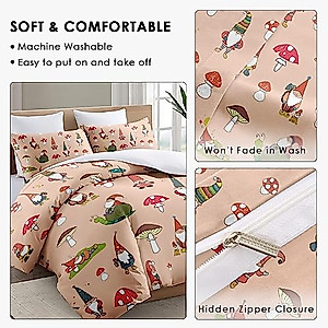 Duvet Cover Full Size, Gnome Funny Happy Red Bedding Set with Zipper Closure for Kids and Adults, Colorful Mushroom Elf Comforter Cover with 2 Pillow Shams for Bedroom Bed Decor
