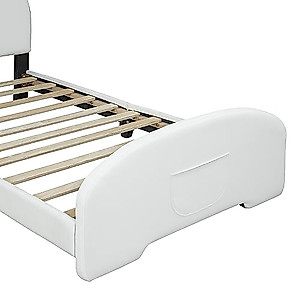 Harper & Bright Designs Upholstered Kids Bed Frame with Bear Shape Headboard, PU Upholstered Twin Size Platform Bed with Slat Supports, Cute Kids Bed for Boys Girls (Twin,White+Brown)