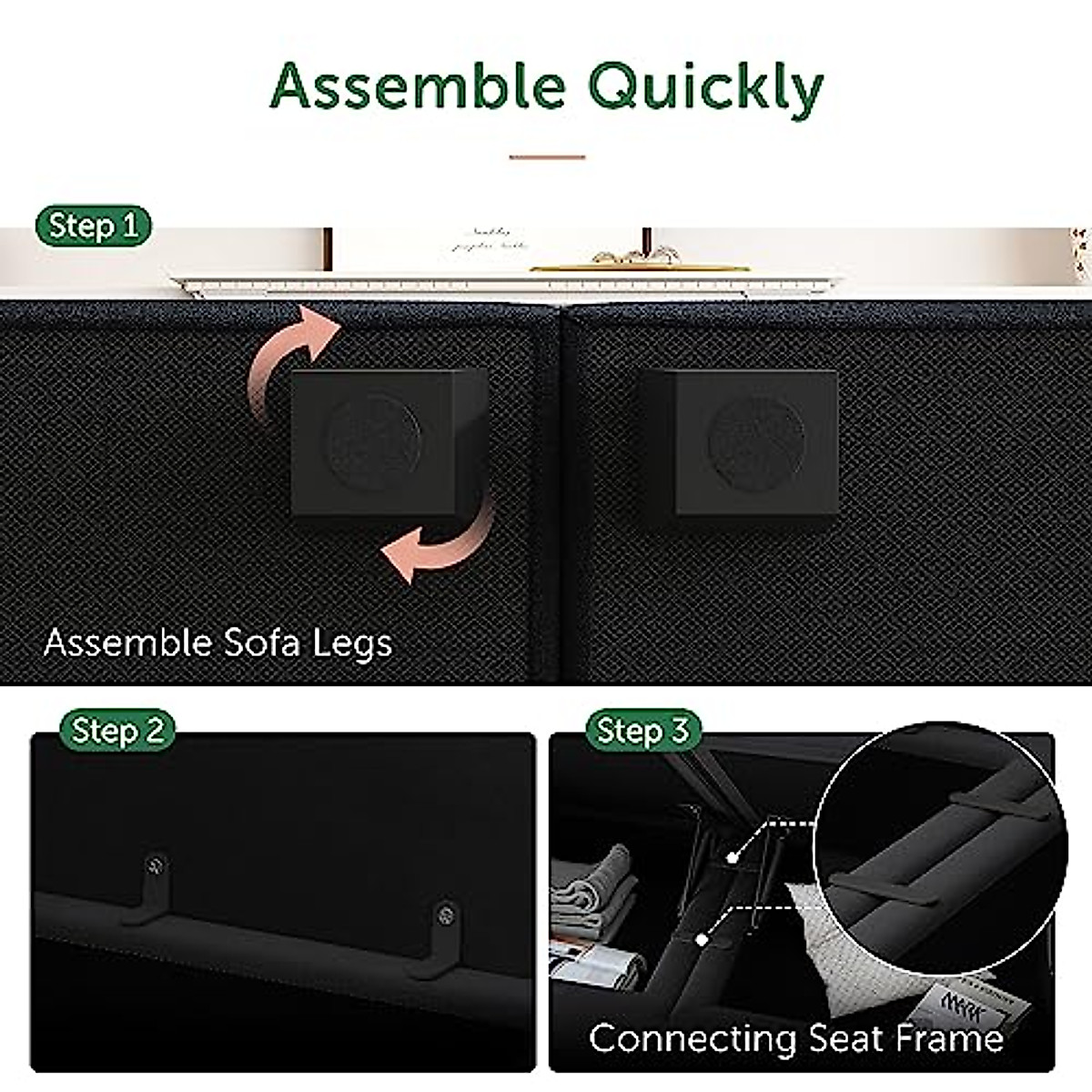 HONBAY Convertible Sectional Sofa Velvet U Shaped Couch with Reversible Chaise Modular Sectional Couch 6 Seater Sofa with Storage Seat, Black