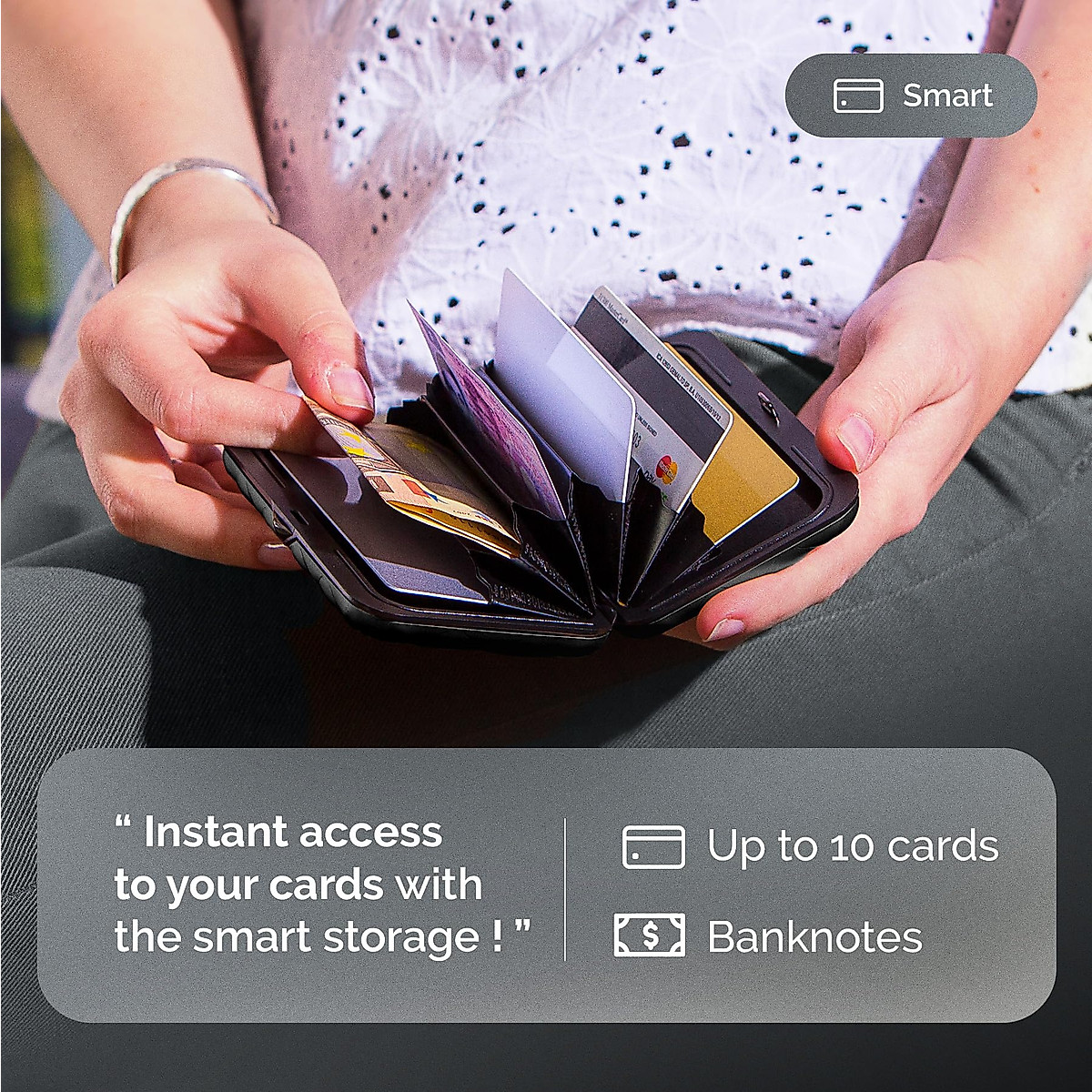 ÖGON -DESIGNS- Lady Case Aluminum Wallet - Women - RFID Blocking Card Holder - Up to 10 Cards and Banknotes - Black