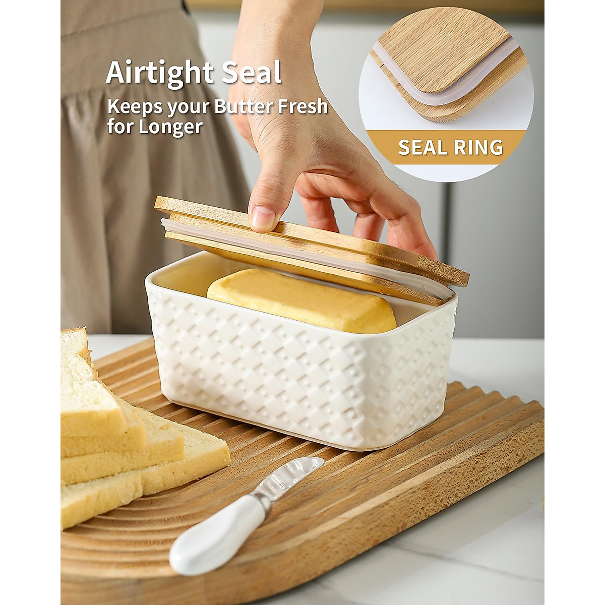 Hasense Large Butter Dish with Lid for Countertop - Farmhouse Ceramic Butter Container Holder with Cover for Fridge,Silicone Sealing,White Embossed Pattern,Holds Two Sticks of Butter