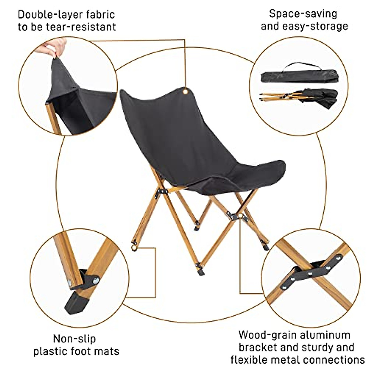 Camping Chair, Folding Chair, Camp Chair, Camping Chairs for Adults, Folding Outdoor Camping Chair, Portable Stool for Fishing Picnic BBQ, Ultra Light Aluminum Frame with Wood Grain Accent, Black