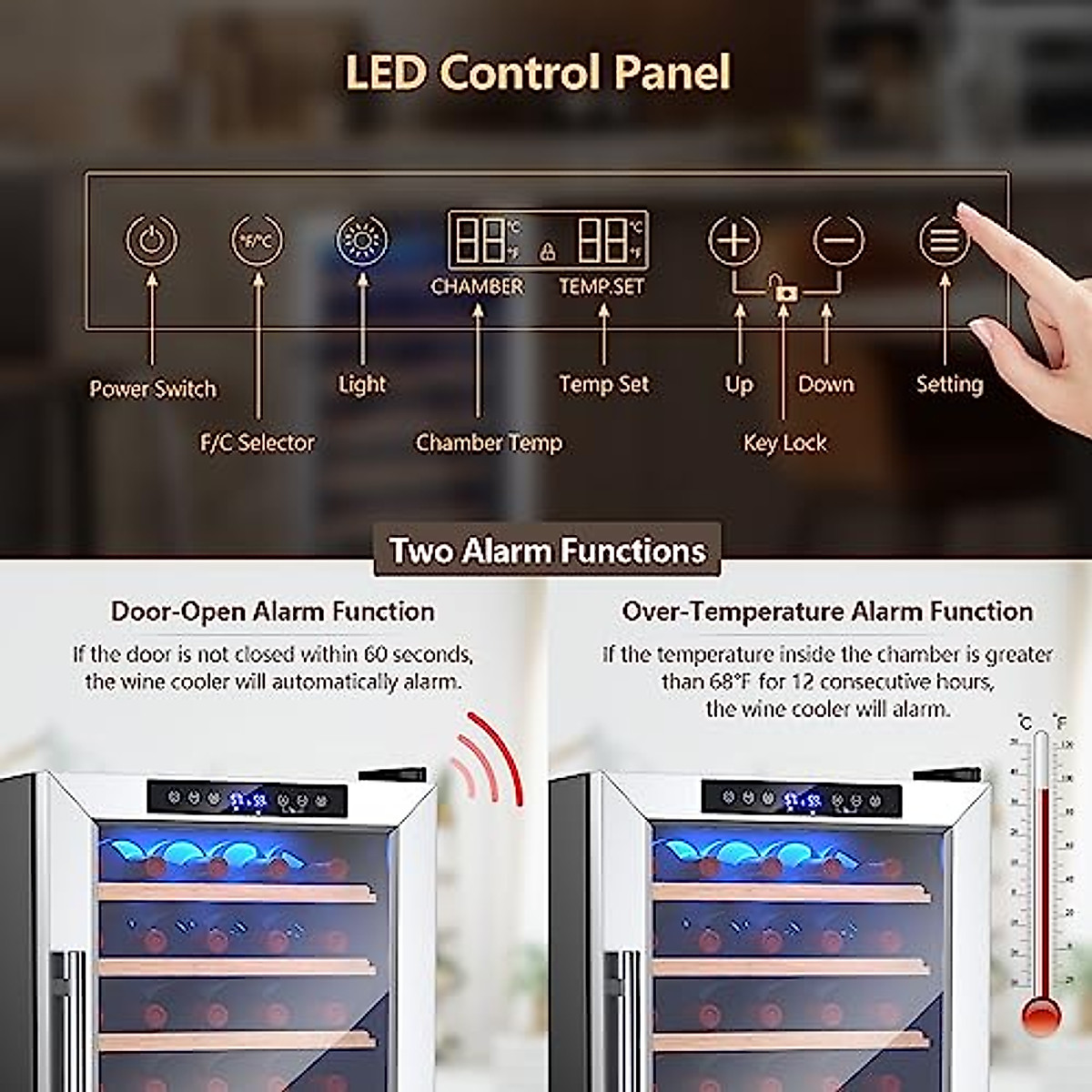COSTWAY 20 Inch Wine Cooler, 33 Bottles Wine Refrigerator with 2-Layer Tempered Glass Door & Dual Alarm Function, 41-61.5°F Temp Control, Built-In or Freestanding Mini Wine Fridge
