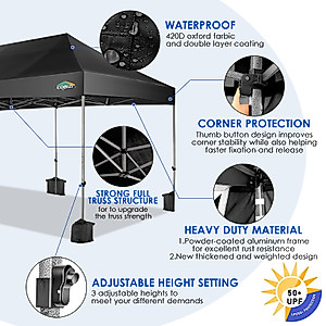 COBIZI 10x20 Heavy Duty Pop up Canopy Tent without Sidewall Ez Up Commercial Outdoor Canopy Wedding Party Tents for Parties All Season Wind & Waterproof Gazebo with Roller Bag,Black(Frame Thickened)