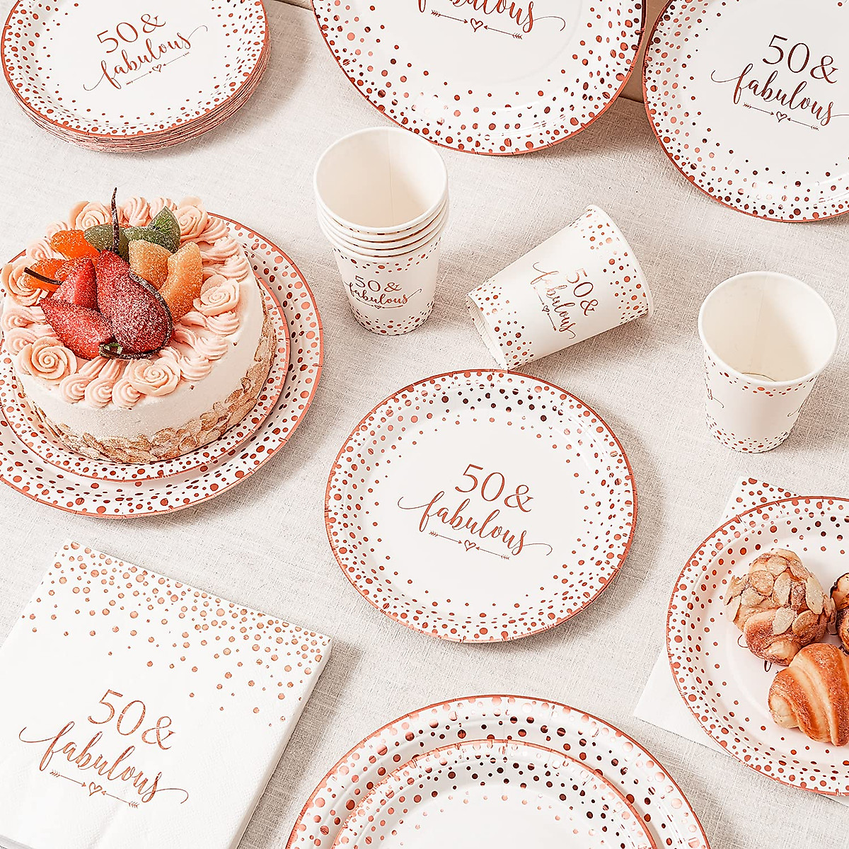 Crisky Rose Gold Foil 50 Fabulous Napkins Plates Cups Set for Women 50th Birthday Party Decorations Supplies, Disposable Tableware Set of 24 (9" Plates, 7" Plates, Luncheon Napkins, 9oz Cups)