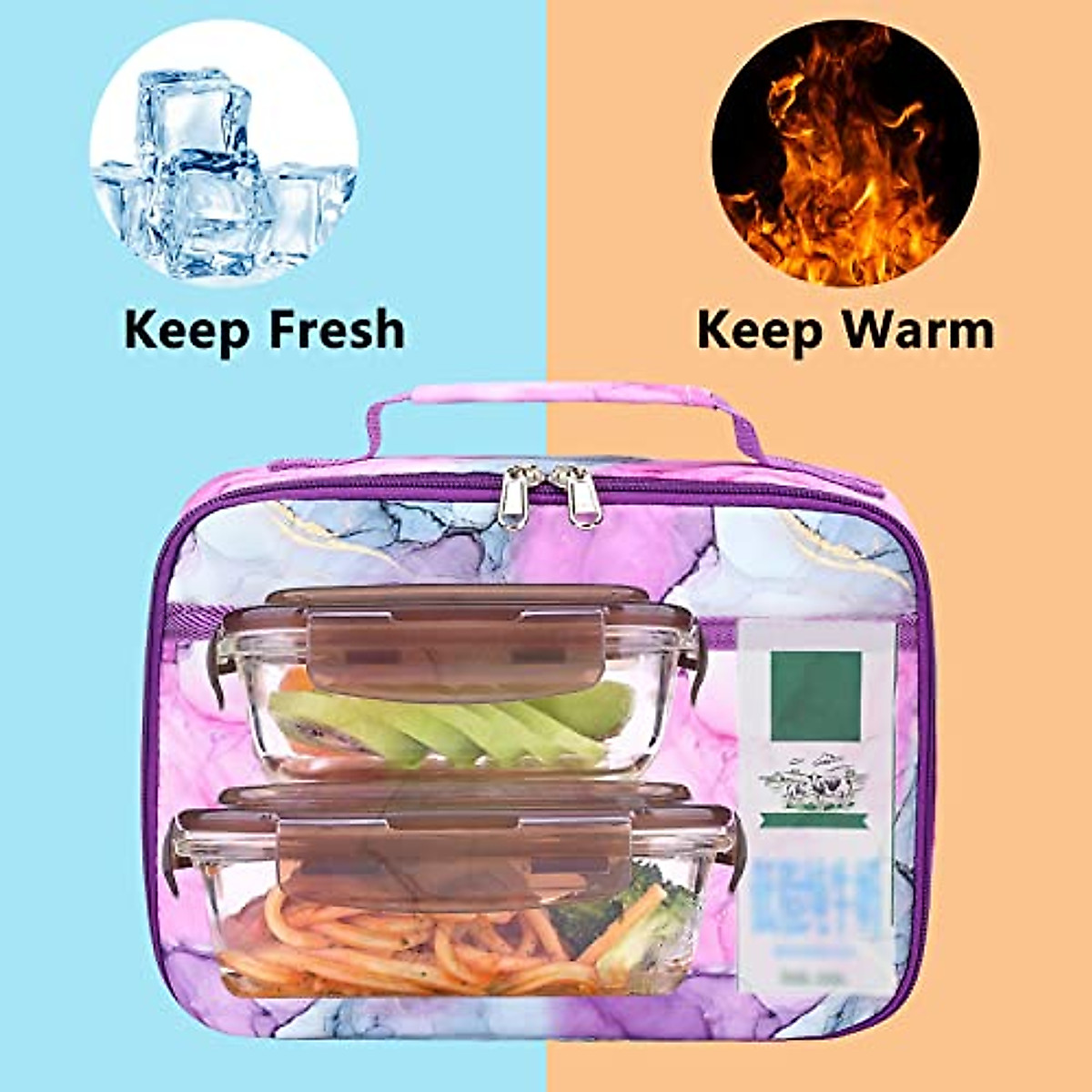 LEDAOU Lunch Bag Insulated Lunch Box Kids Girls Insulated Reusable Lunch Bag for School Work Picnic Hiking (Marble Purple White)