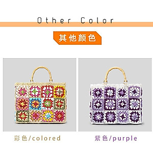 Bohemian Granny Square Handbags Casual Paper Woven Bamboo Handle Women Hand Bags Handmade Beach Bag Large Tote Purse (Beige)