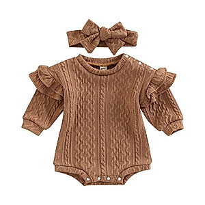 Infant Baby Girls Boys Romper Solid Color Knitted Round Neck Long Fly Sleeve Jumpsuits with Headband (Coffee, 0-6 Months)