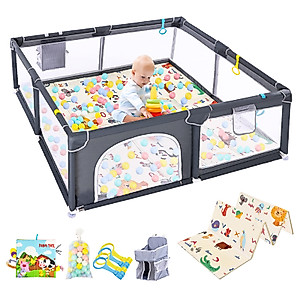 JHTOPJH Baby Playpen Set, Playpen with Collapsible Baby Play Mat, Indoor Baby Play Yard with 50pcs Pit Ball, Baby Play Pen with Soft Baby Book,Anti-Fall Playpen for Toddler(Gray)